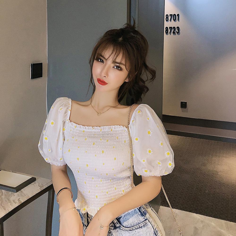 Buy Womens Square Collar Tops One Shoulder Blouse Daisy Printed Crop ...