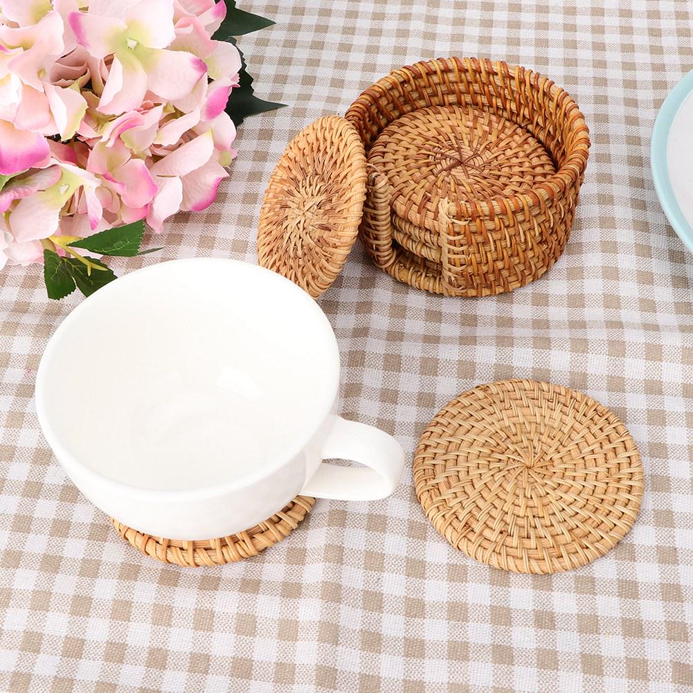 Buy 6pcs Vintage Rattan Drinks Tea Cup Mats Coasters Round Teapot ...