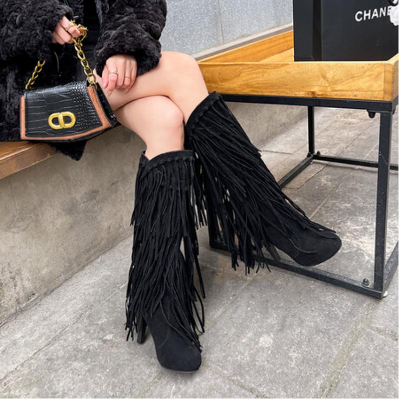 Buy 2022 New Sweet Pink Black Women Knee High Tassel Boots Fashion 4 ...