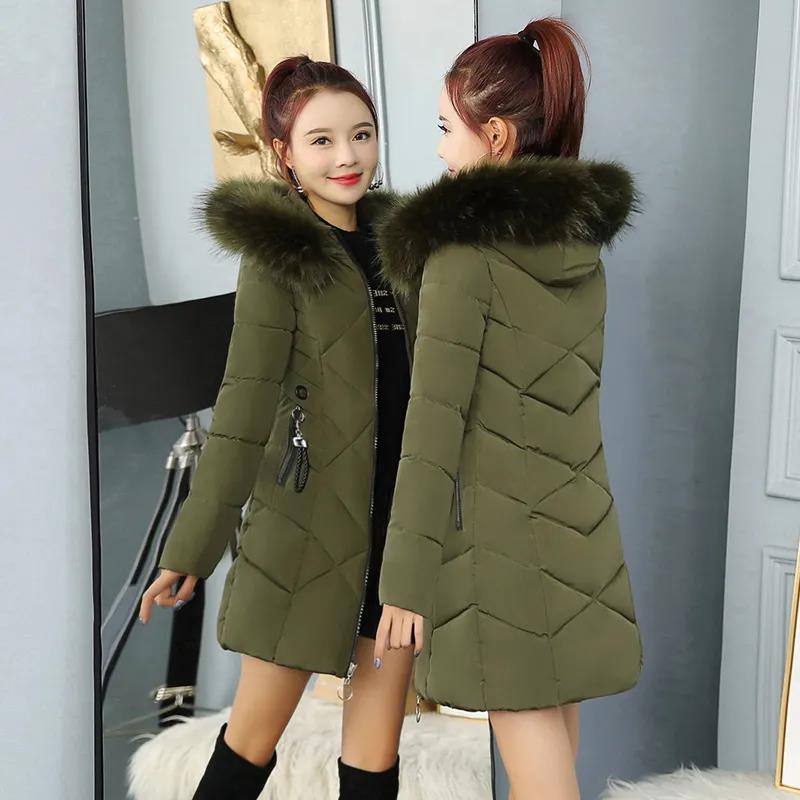 Buy Winter Down Jacket Ladies Thick Fashion Slim Cotton Jacket Mid-length Hooded Big Fur Collar ...