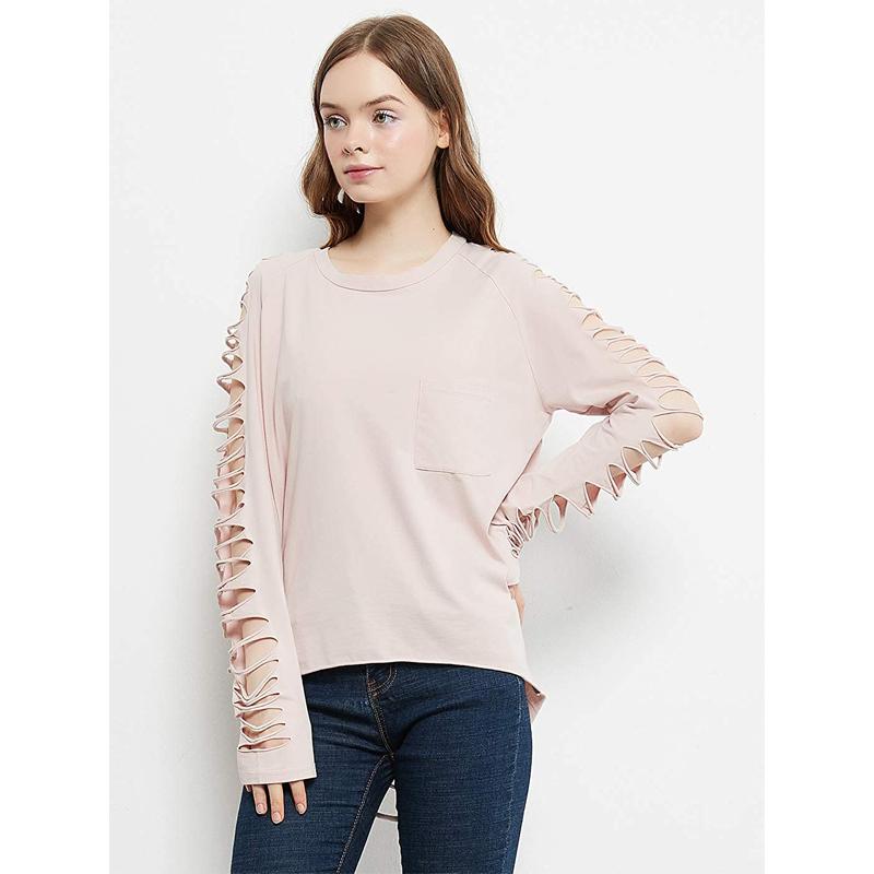 Cheap Women Ripped Cut Out Holes Long Sleeve Faded Distressed Top ...