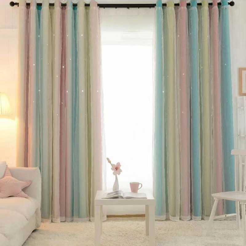 Hollowed Out Stars Blackout Curtain Double-Layer Shading Window Drapes ...