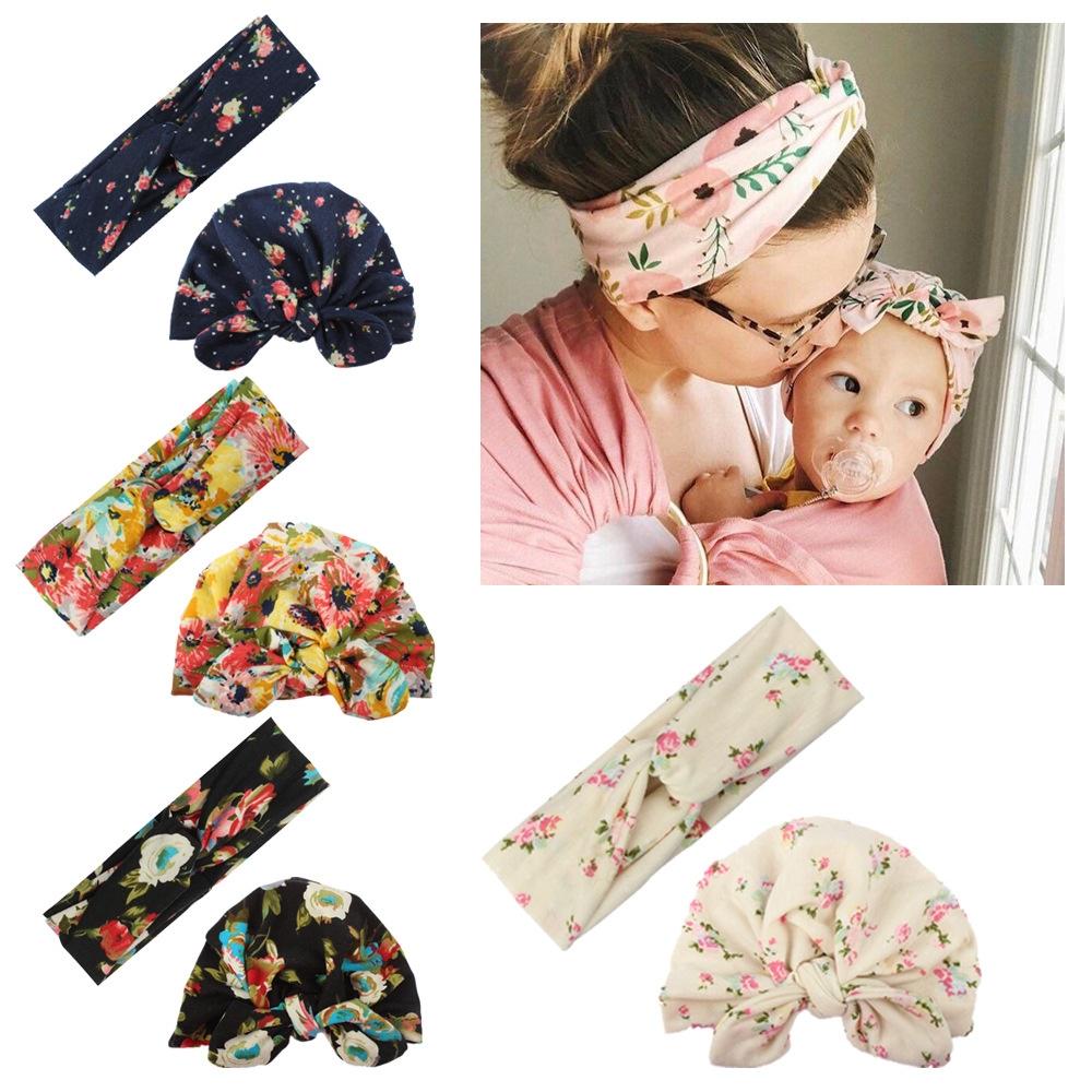 Buy 2Pcs/Set Mom Headband + Baby Hat Lovely Kids Headwear Colorful ...
