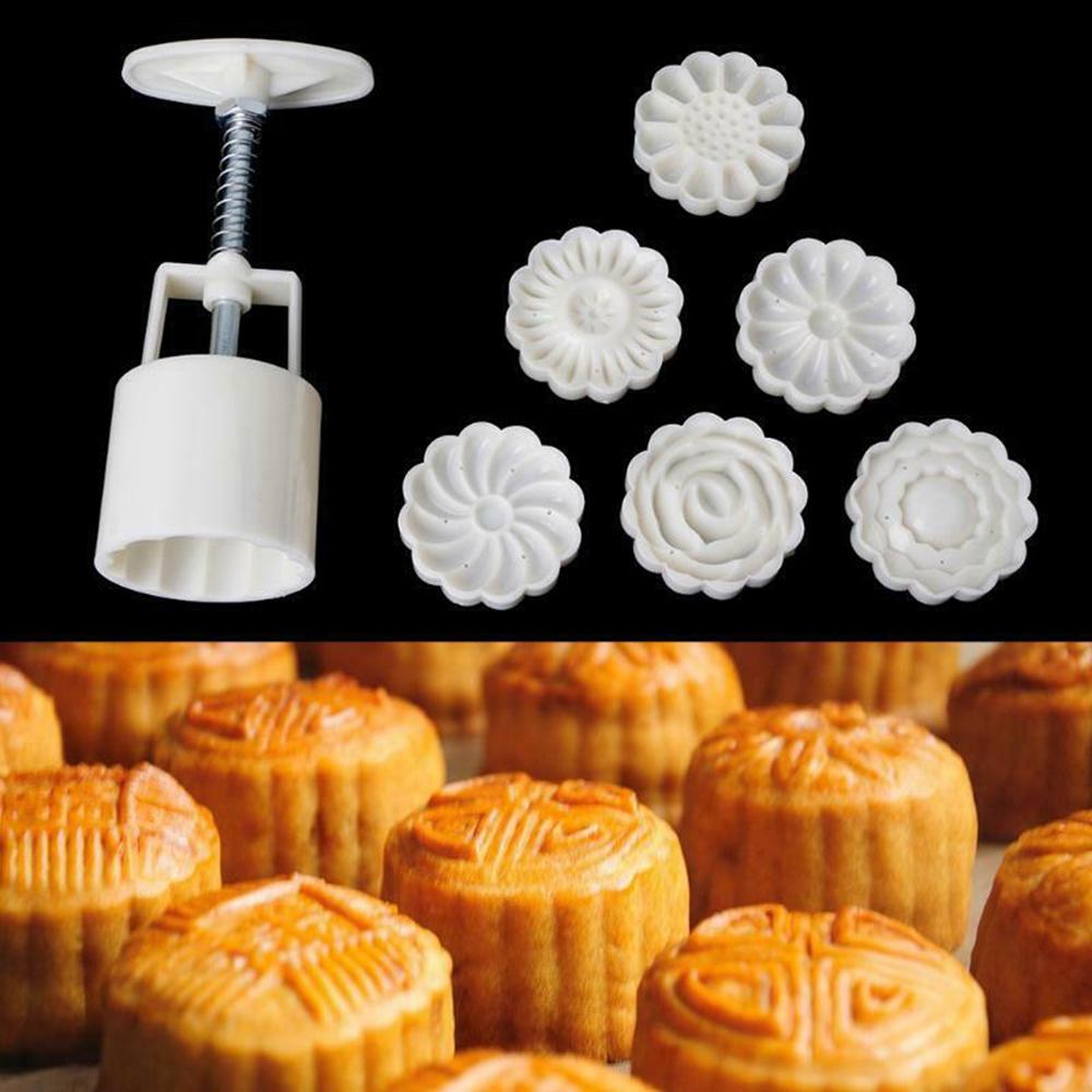 Buy 50g Mooncake Mold + 6 Flower Stamps DIY Baking Pastry Round Moon ...