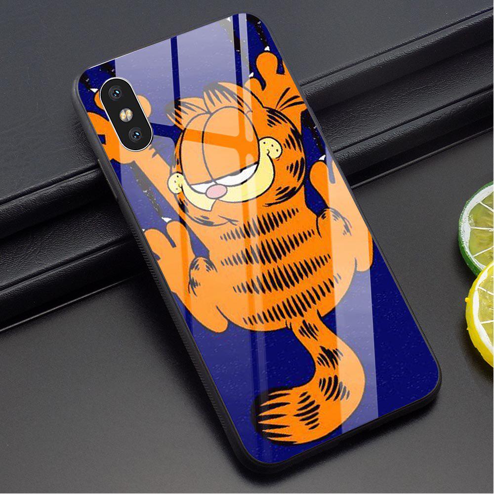Buy Cute Garfield Glass Phone Case for Redmi Go Xiaomi Huawei P9 Honor ...