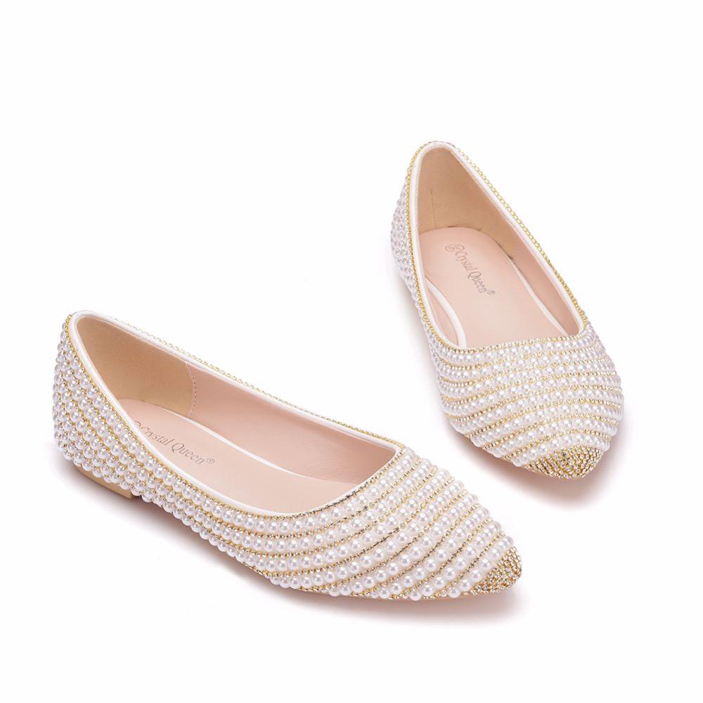 Cheap Crystal Queen White Silver Rhinestone Flats Wedding Shoes Pointed ...