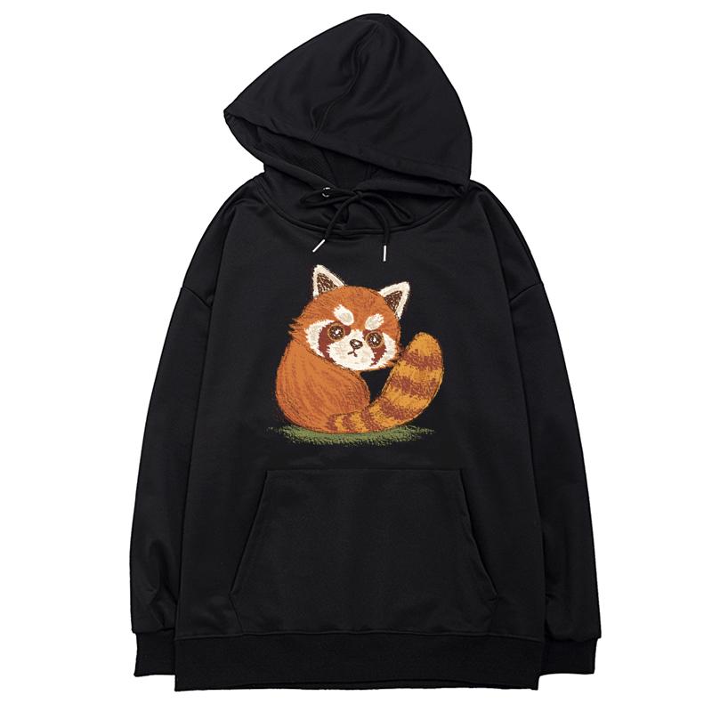 Buy Red Panda Look Back Printed Black Autumn And Winter Hoodie Long ...