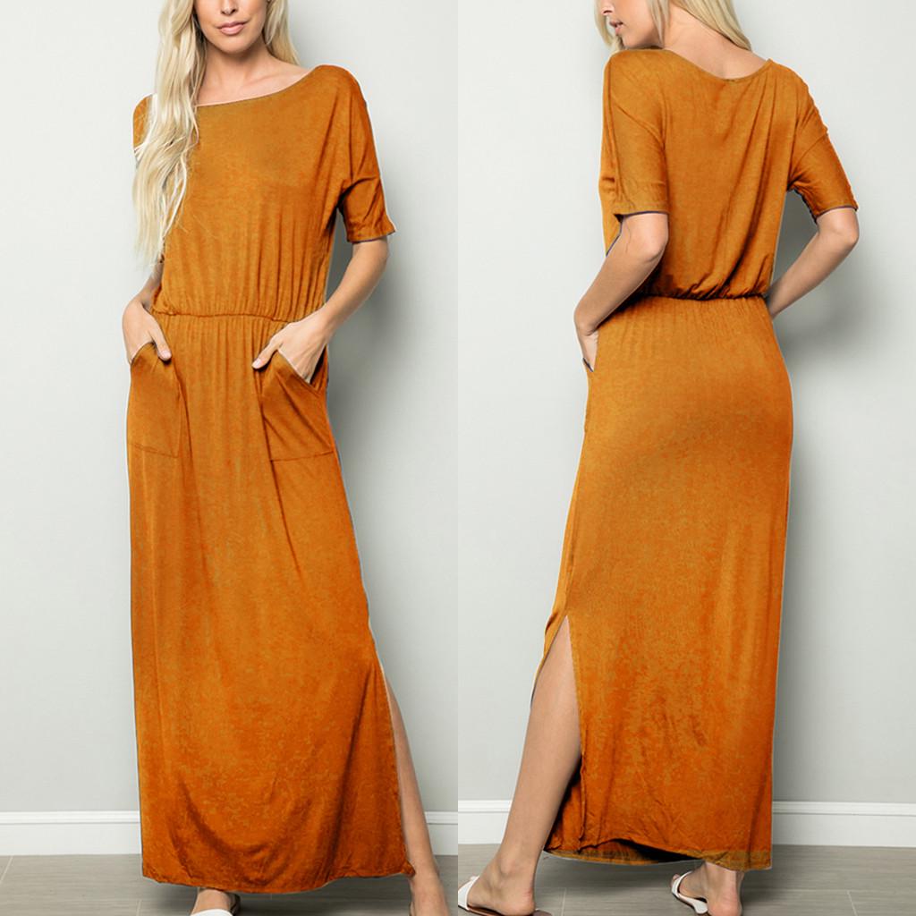 Buy Women Fashion O-Neck Half Sleeve Ruched Open Fork Maxi Solid Dress ...
