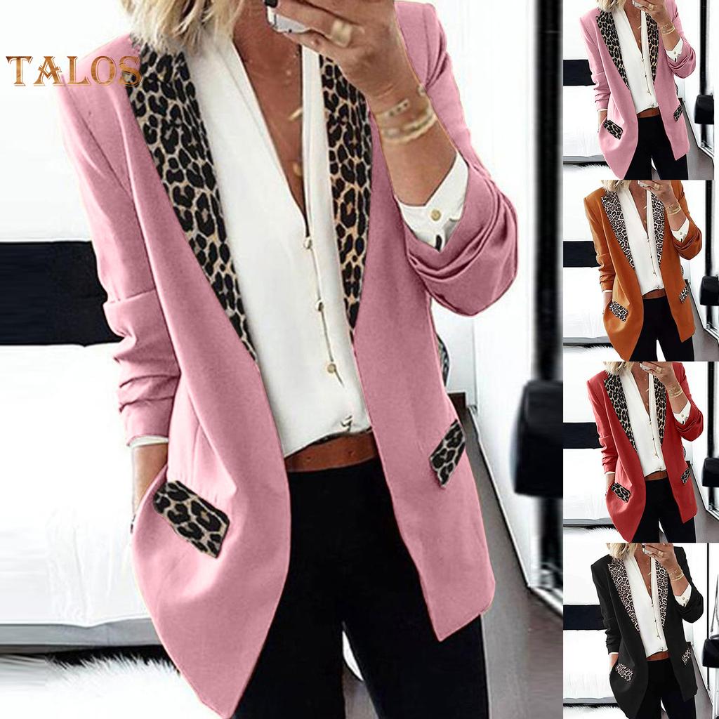 Buy CMW Women Lapel Leopard Blazer Long Sleeve Patchwork Open Front ...