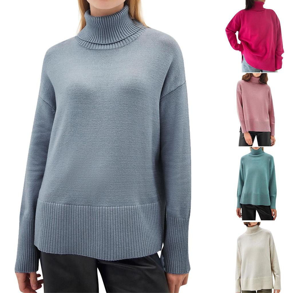 Buy (Pink)Women's High Collar Sweater Solid Long Sleeve Knit Pullover ...