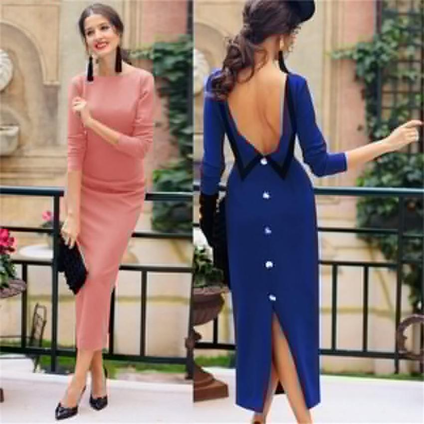 Buy Open Back Button Dresses Split Fork Bow Evening Dress Retro Fashion ...