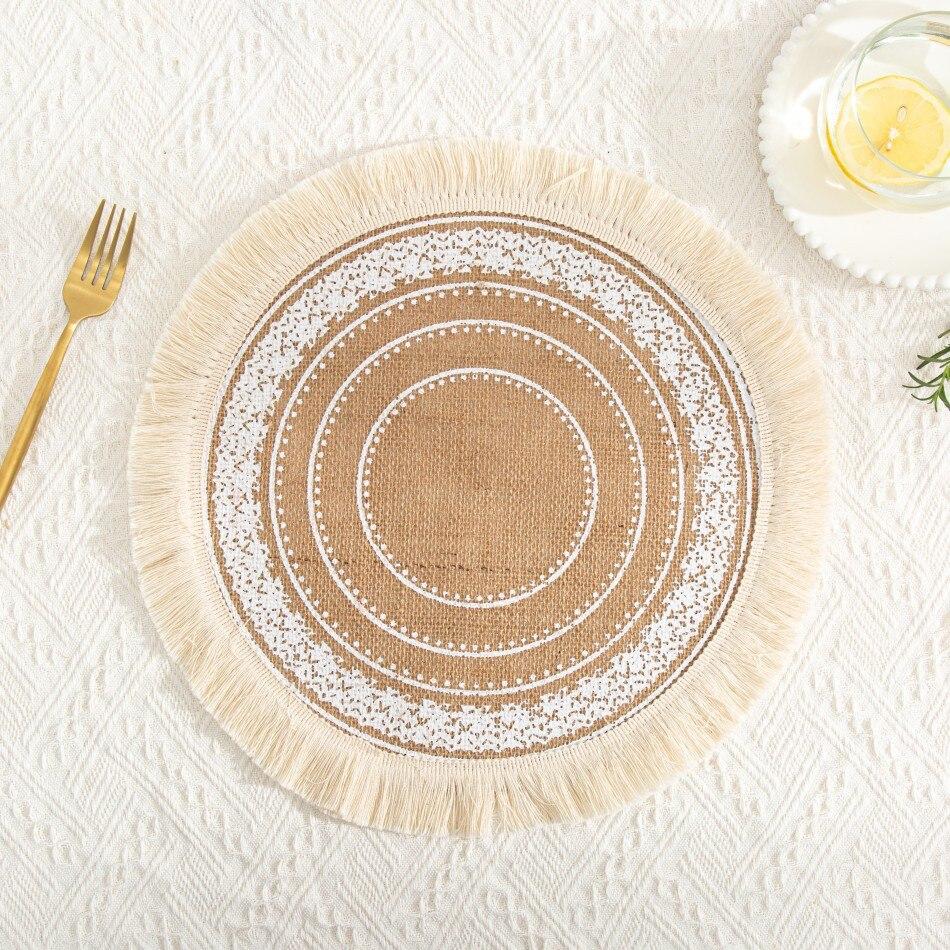 Buy Linen Placemats Round Bohemian Straw Tassel Table Mat Pad Coaster ...
