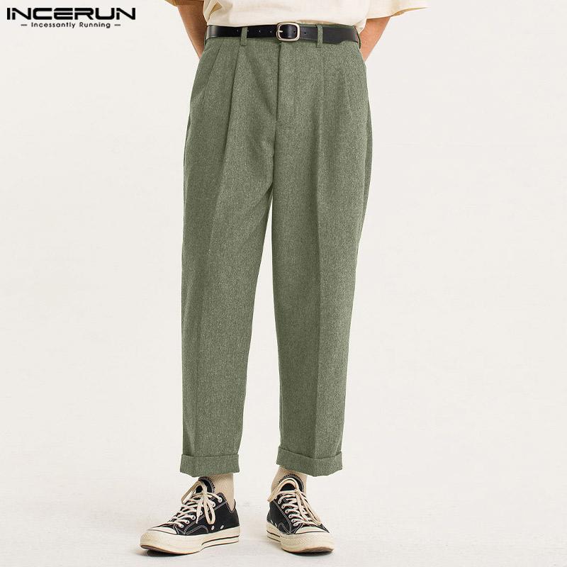 Buy INCERUN Autumn Winter Men's Solid Color Formal Chino Long Trousers ...