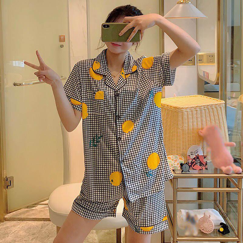 Buy Summer Short-sleeved Shorts Pajamas Women Cardigan Lapel Milk Silk ...