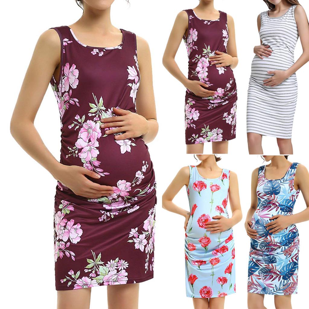 Buy Sleeveless Maternity Print Bodycon Ruched Pregnant Mini Dress ...