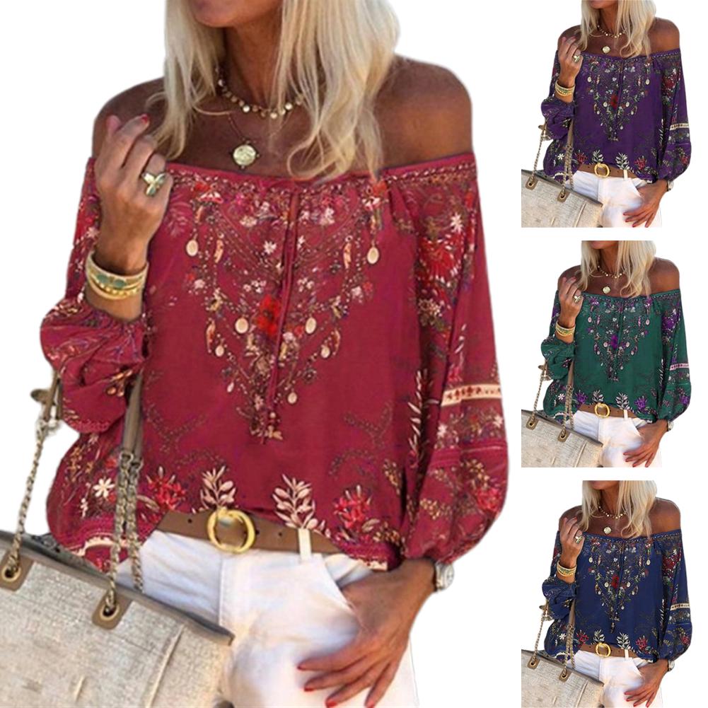 Buy Lacing Stitching Off Shoulder Vintage Women Print Blouse String ...