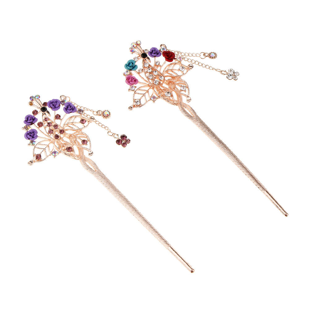 Buy 2pcs Dangle Hair Stick Chopstick Flower Hairpin Chignon Pin Tassel ...