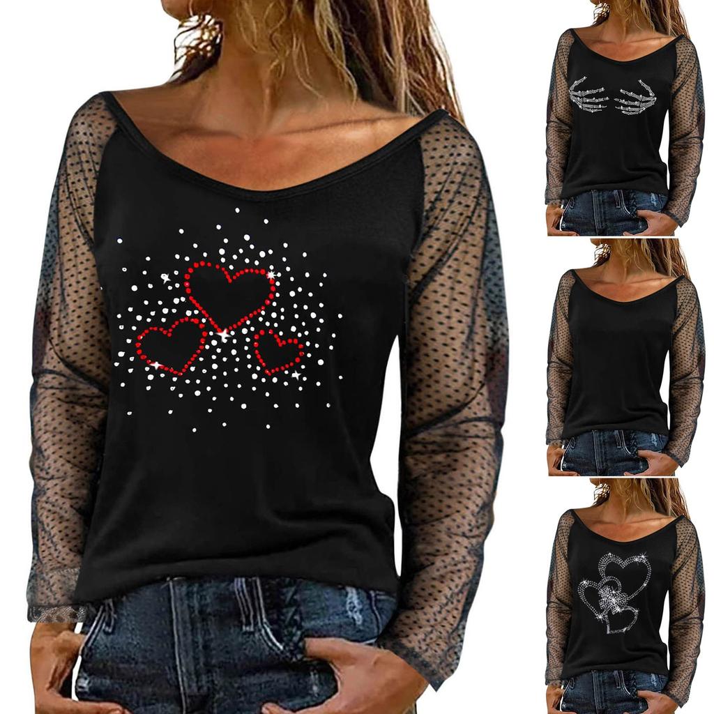 Buy Fashion Womens Loose Prints V-Neck Hot Diamond Lace Long Sleeve ...