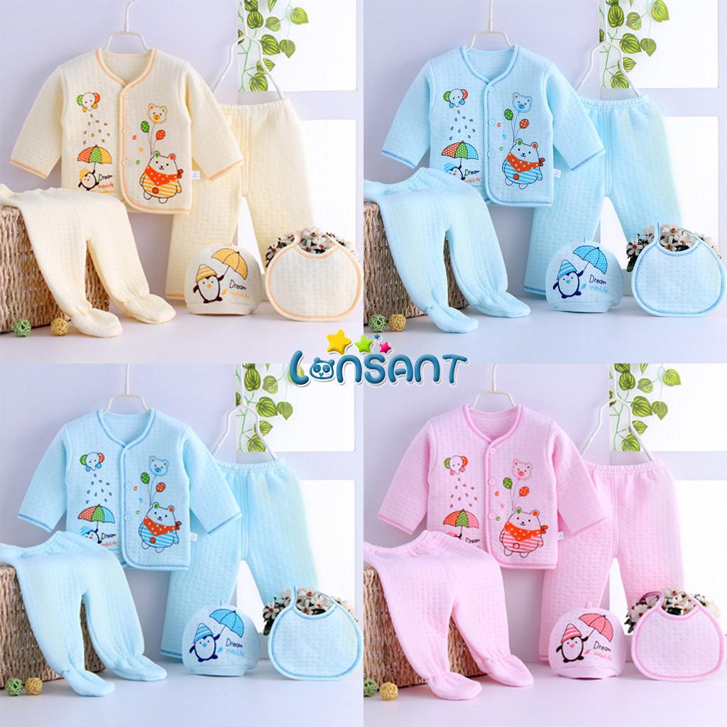 LONSANT 5PCS Newborn Baby Boy Girl Cartoon Long Sleeve Tops+Hat+Pants +Bib Outfits Set Bear-buy ...