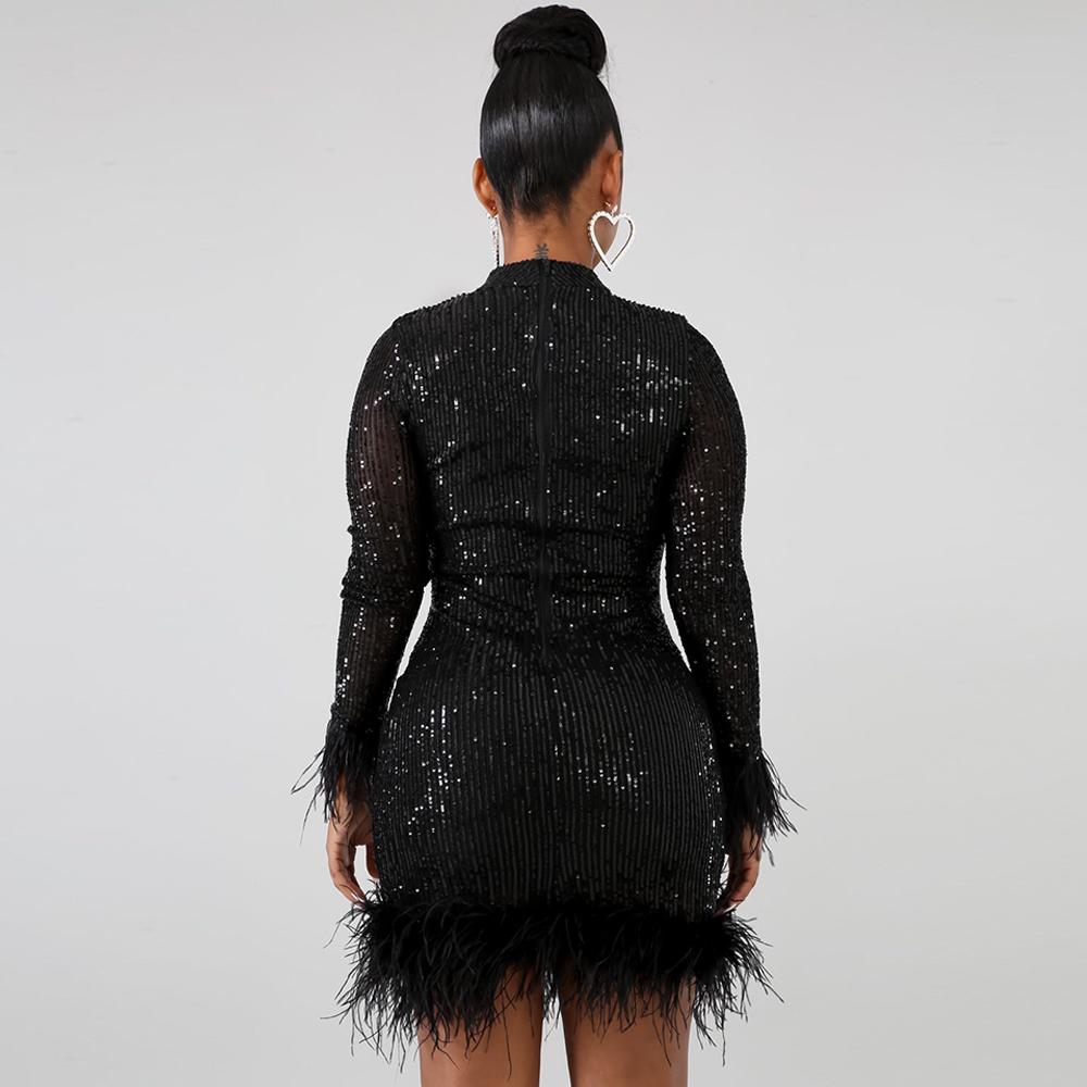Buy Women Plus Size Sexy Sequined Feather Dress Long Sleeve Bodycon ...