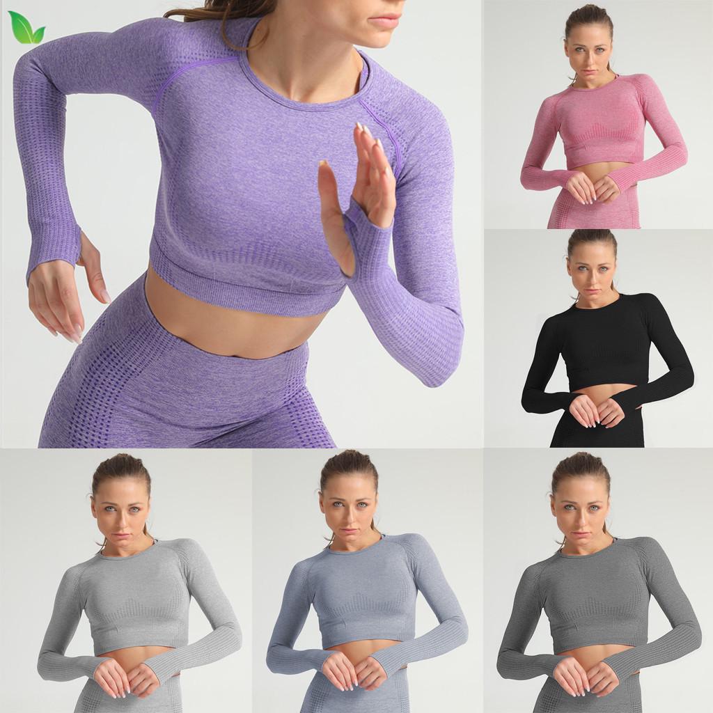 Women Long Sleeve Pure Color Seamless Hollowing Out Yoga Top Blouses ...