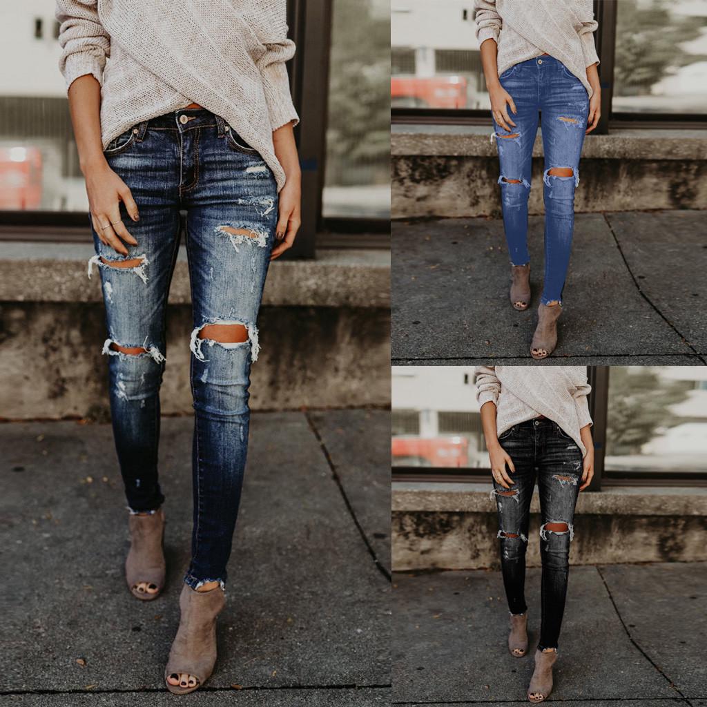 Women Hight Waisted Skinny Hole Denim Jeans Stretch Slim Pants Calf ...