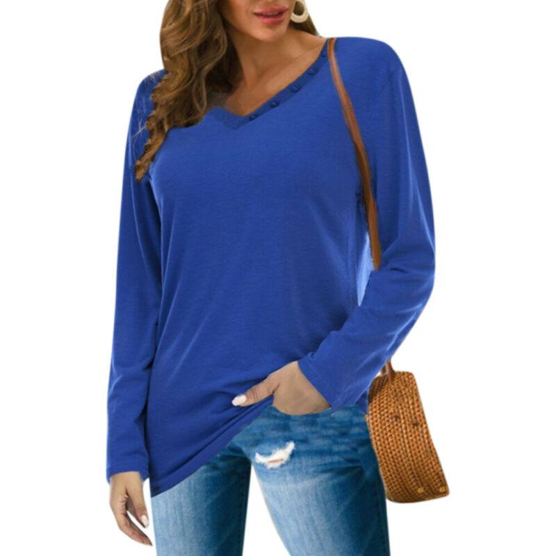 Buy Women Autumn Winter Solid Color V Neck Long Sleeve Baggy T-shirts ...