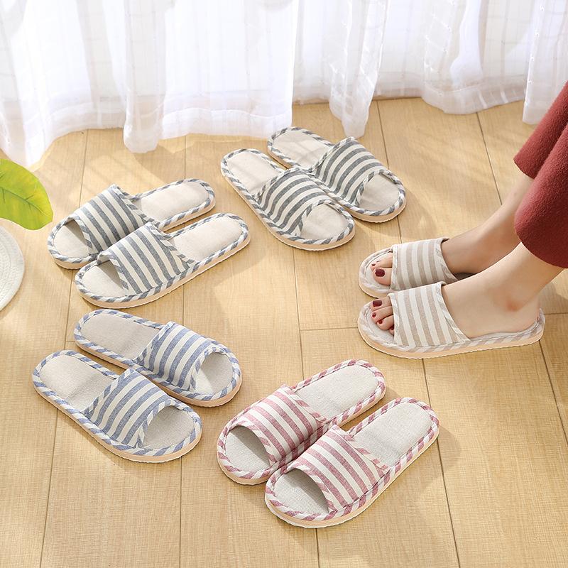 Buy Linen Indoor Slippers Four Seasons Striped Cotton Slippers Couples ...