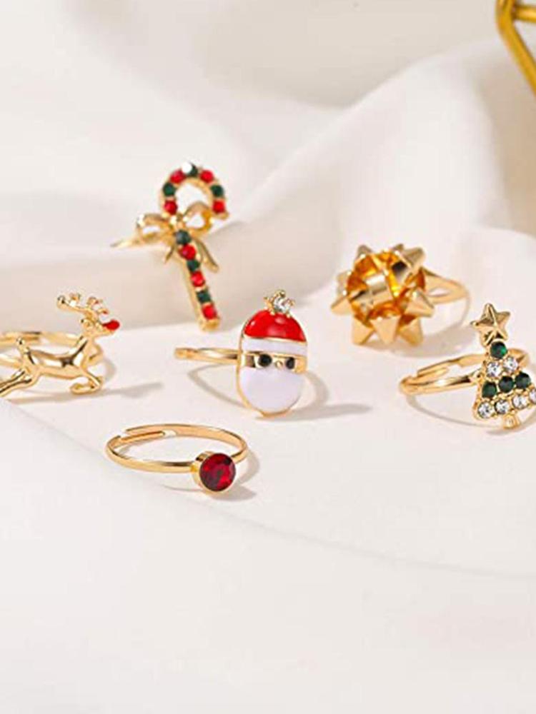 Snowman Elk Candy Cane Ring Set Ladies New Year Party Jewelry Gift ...
