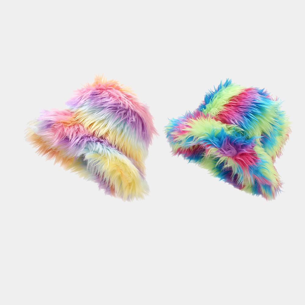 Buy Colorful Long-haired Fisherman Hat Fur Rainbow Gradient Pot Hat Fan ...