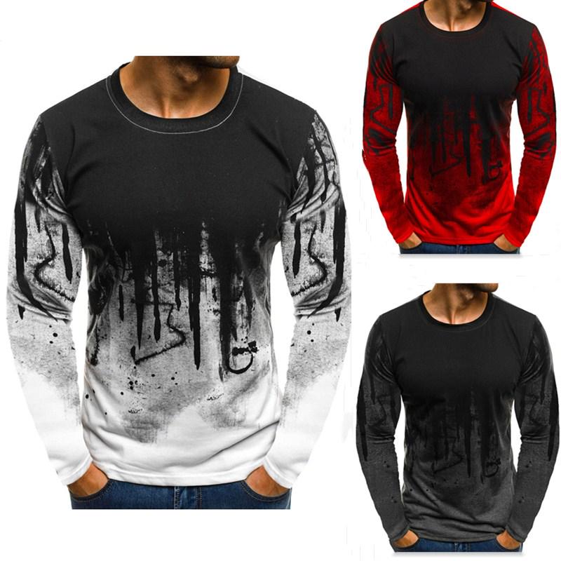 Buy Men Gradient Color Long-Sleeve Beefy Muscle Basic Solid Blouse Tee ...