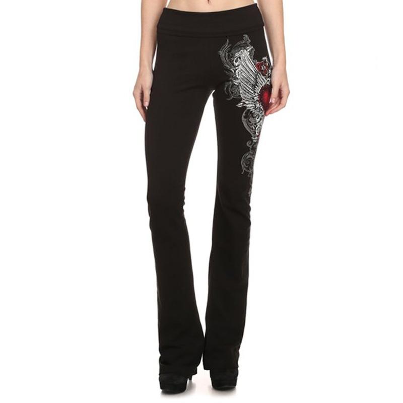 Buy Womens High Waist Angel Wing Printed Long Pants Casual Black Flare ...
