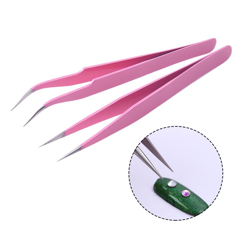 Buy Pink Stainless Steel Tweezer Curved Angle Head Nail Sticker False ...