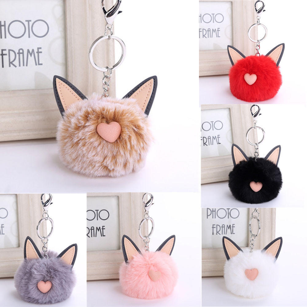 Buy 8CM Cute Cat Ears Keychain Pendant Women Key Ring Holder Pompoms at ...