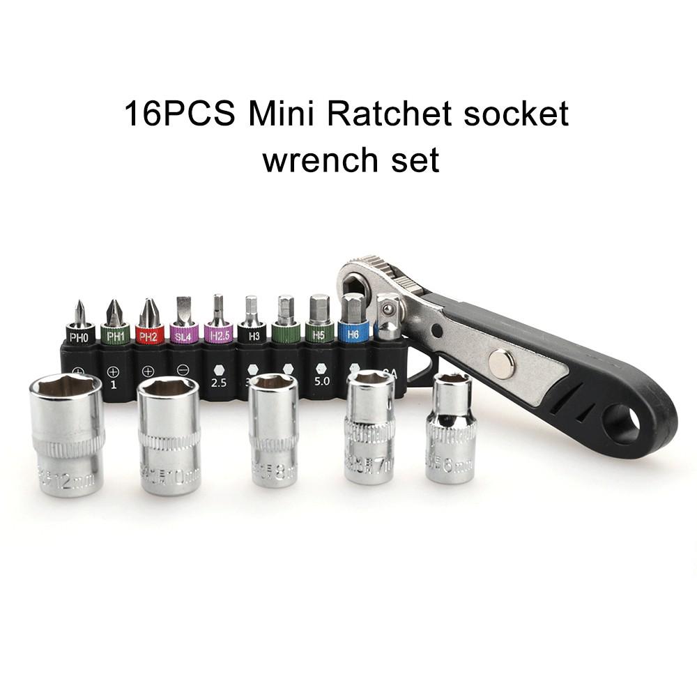 16PCS Mini Ratchet Socket Wrench Screw Bits Multi-purpose Multi ...