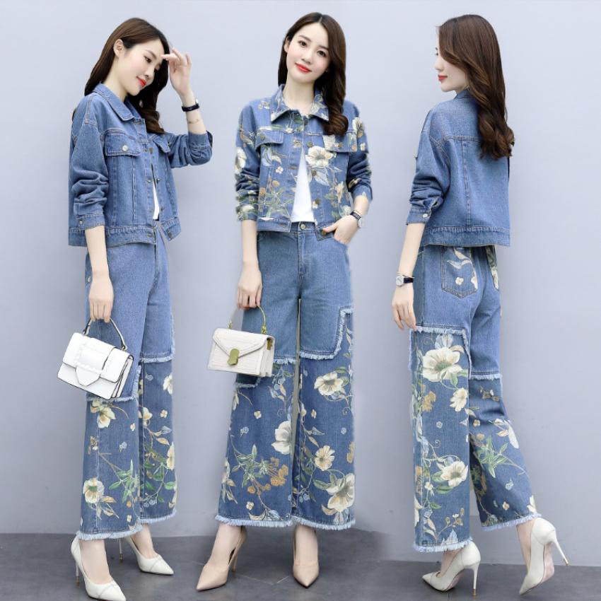 Buy 2 pcs Denim Jacket Wide-leg Pants Suit women Casual Fashion Slim ...
