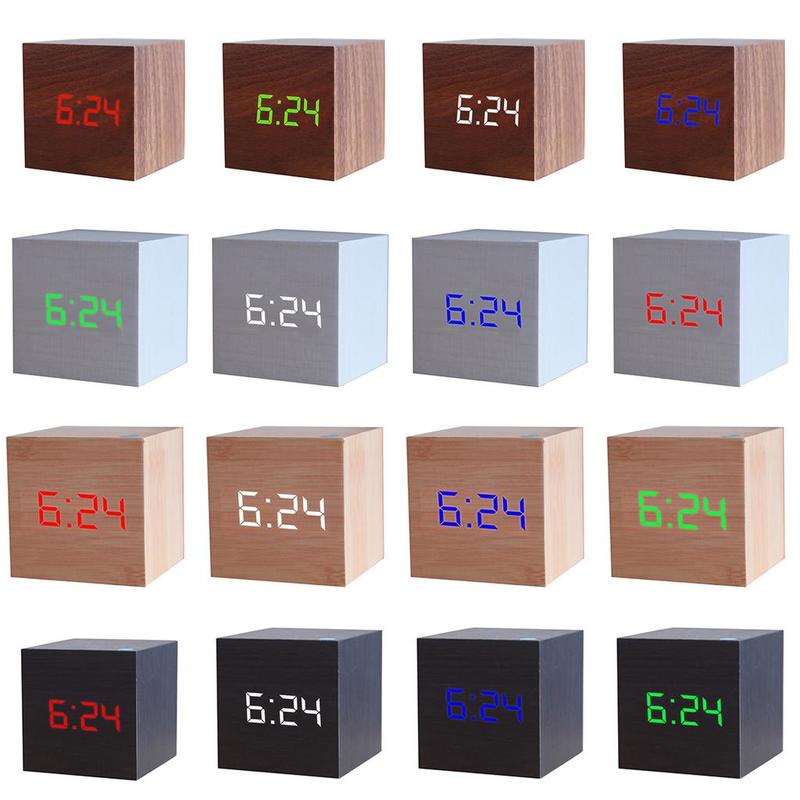Buy Cube wooden LED Alarm Clock Temperature Sounds Control electronic ...