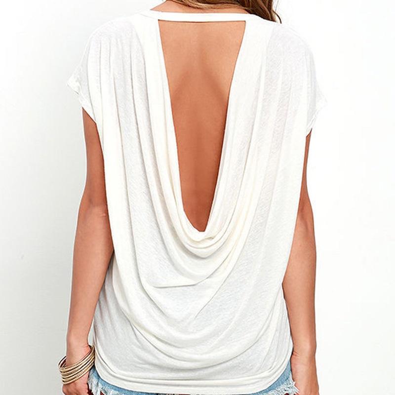 Buy Women's Open Back Short Sleeve T Shirt Casual Backless Tops at ...