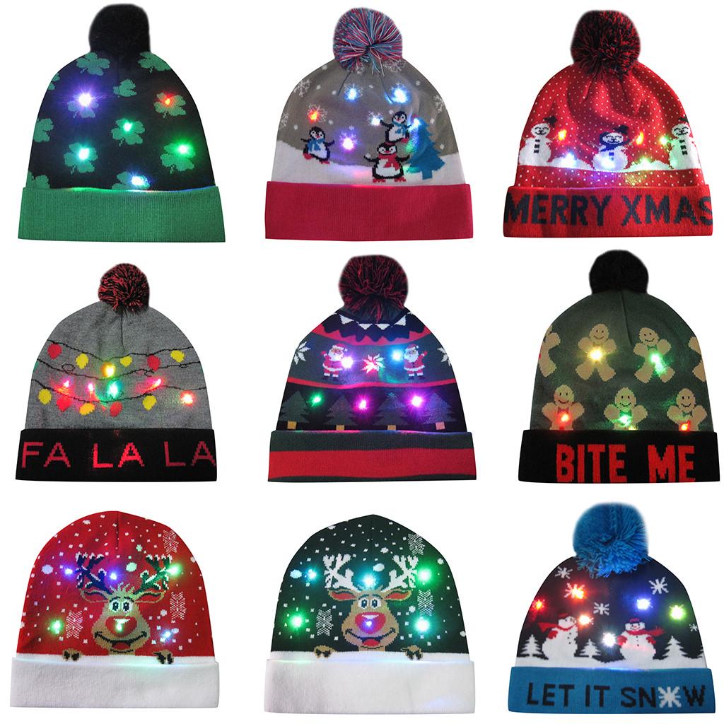 Colorful Merry Christmas LED Light-up Knit Hat Beanie Hairball Warm Cap ...