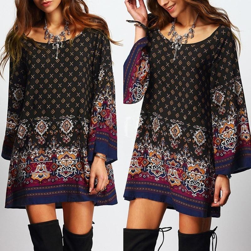 Buy Women Floral Printed Loose Long Sleeve Mini Dress Shirt Top Blouse ...