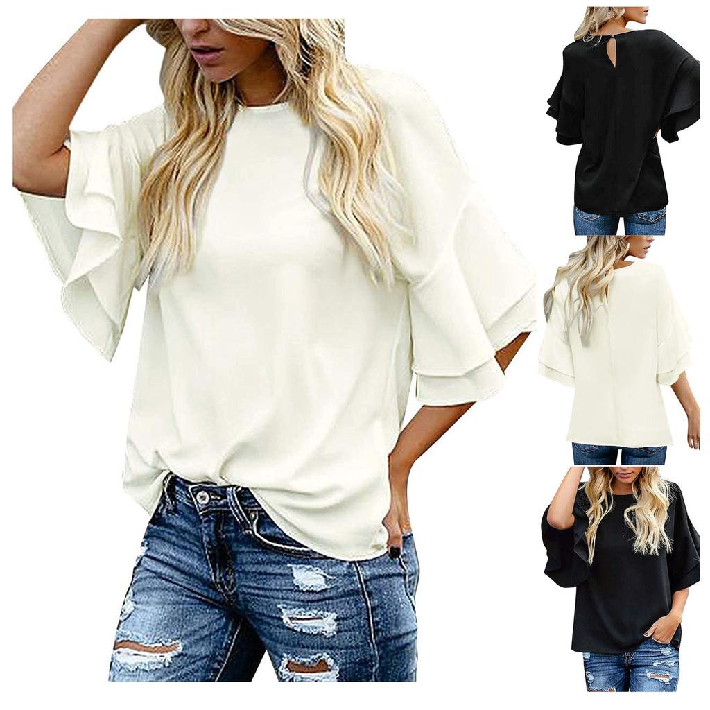 Satın alın Womens Casual Flare Sleeve Round Neck Solid T-shirt Top ...