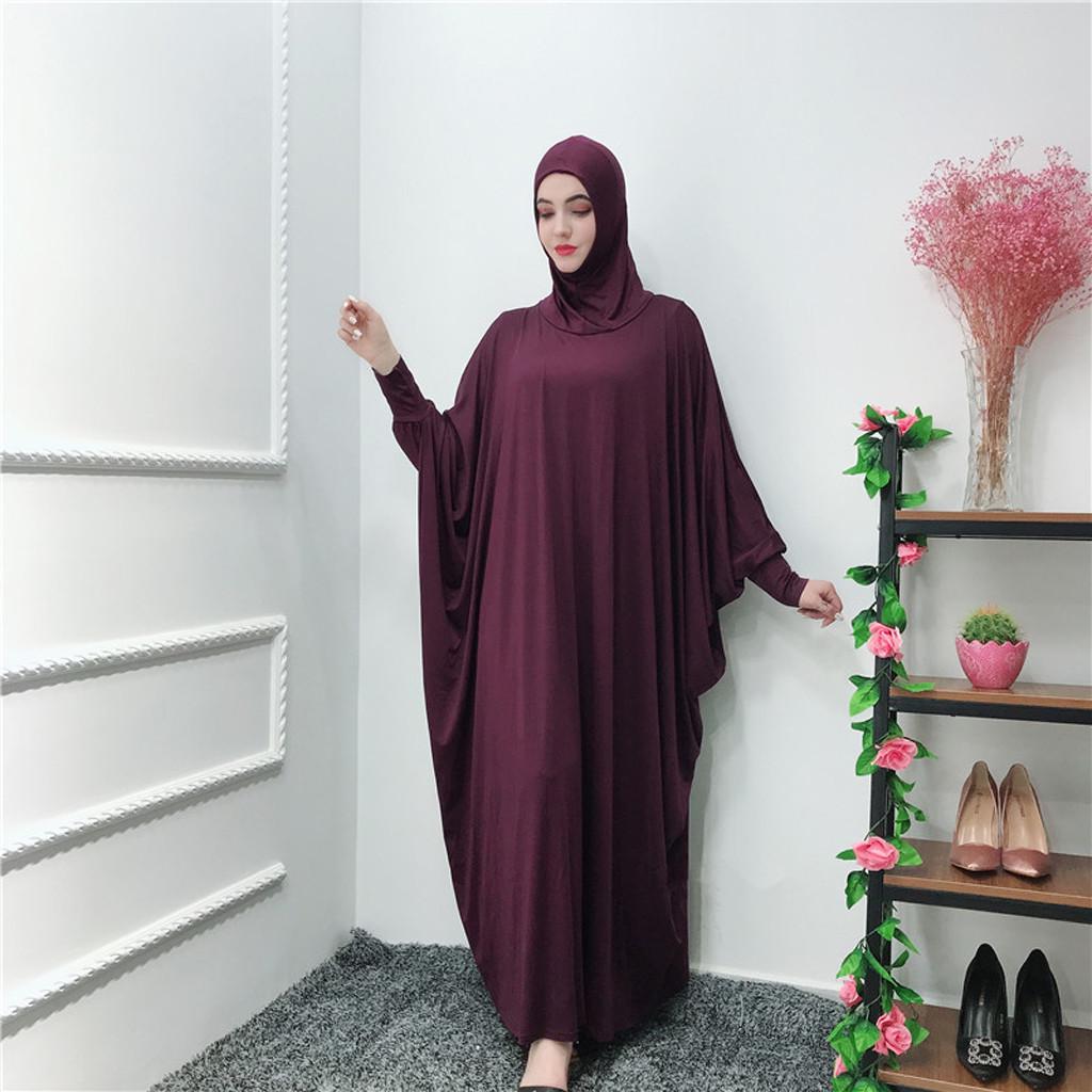 Buy Women Muslim Dresses Solid Color Headgear Mosque Bat Sleeve Robes ...