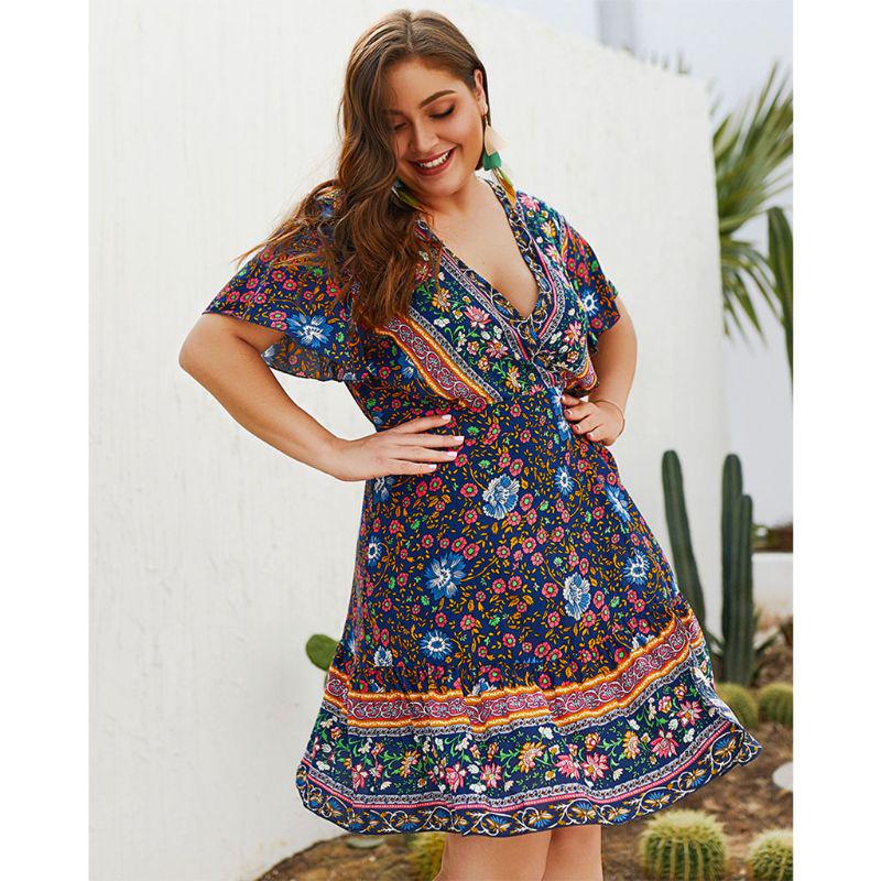 Buy Women Plus Size BOHO V Neck Floral Print Summer Short Sleeve ...