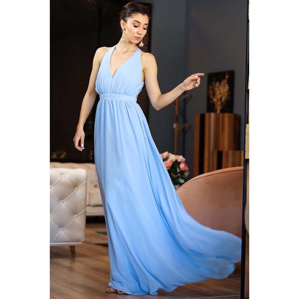 Buy Back Low-Cut Blue Women's Long Evening Dress at affordable prices ...