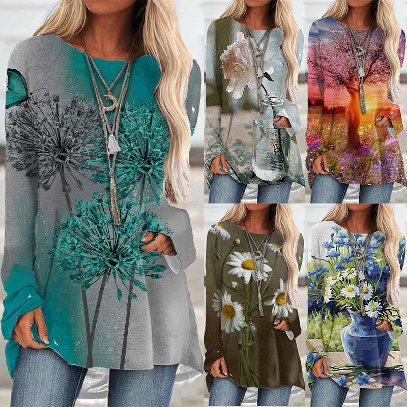 Buy Women's Fashion Loose Casual Floral Abstract Painting Long Sleeve ...