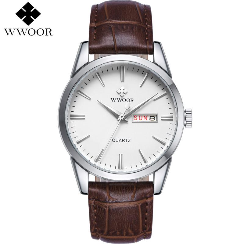 WWOOR Men Quartz Watch Leather Waterproof Wristwatch Day Classic ...
