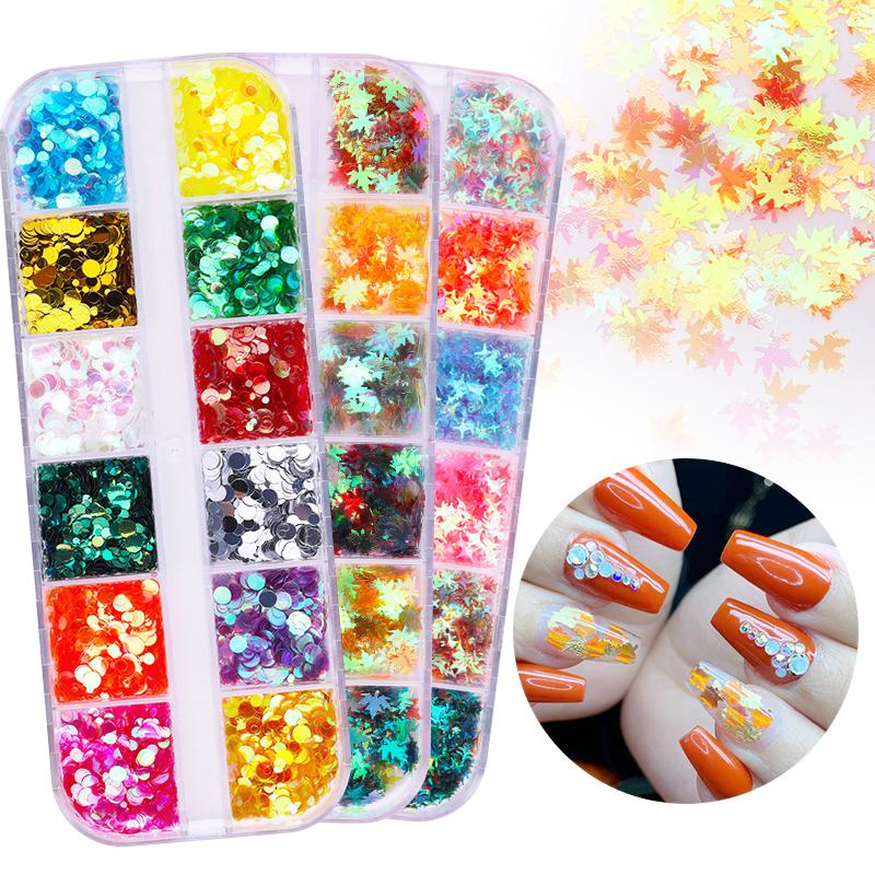 Buy 12 Colors Colorful Sequins Maple Leaves Flakes Stars Round Nail Art ...