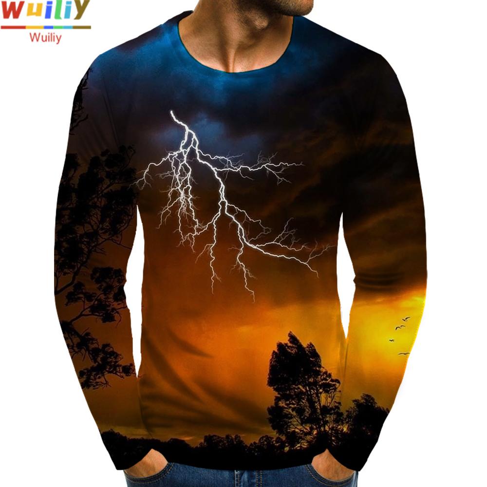 Buy Men's Night Long T Shirt 3D Print Long Sleeve lightning Graphic ...