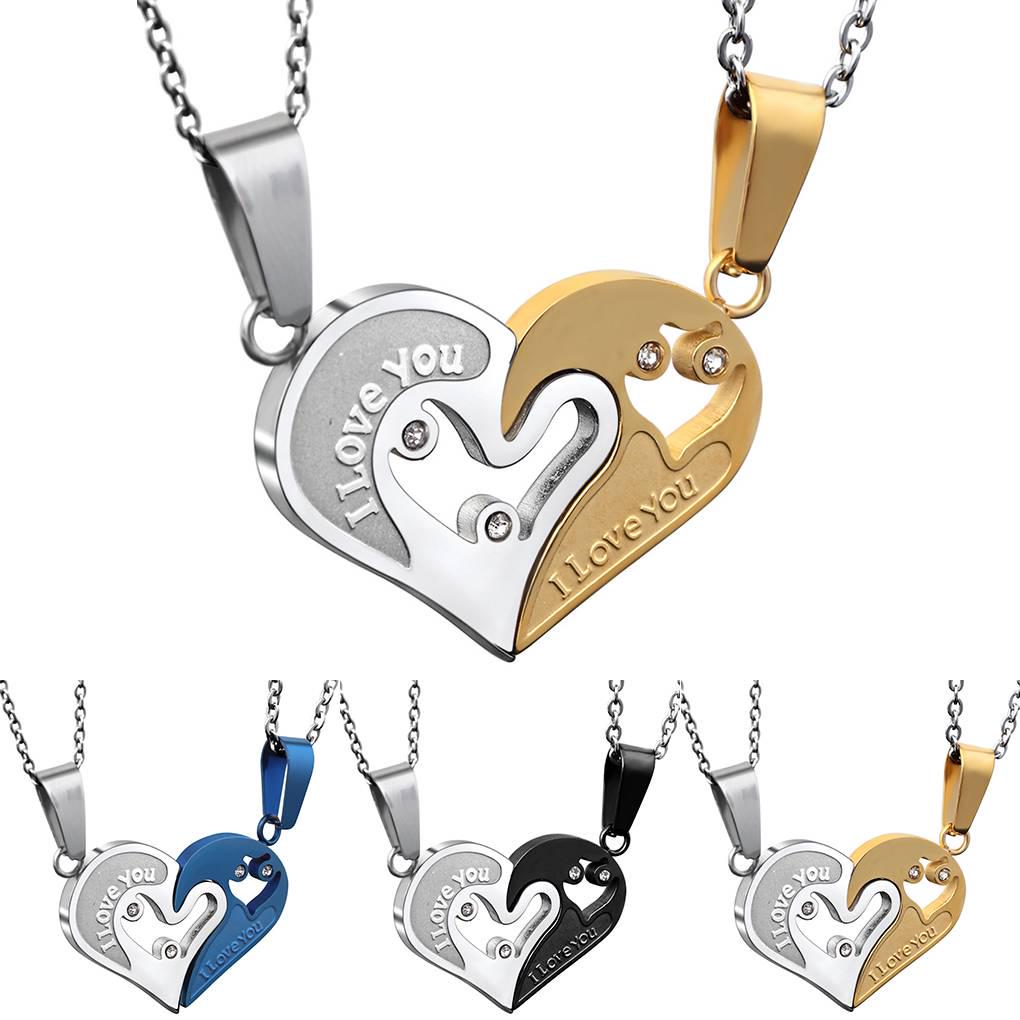 2Pcs/set Lovers Heart Pendant Necklace Half Heart Neck Chain Winter ...
