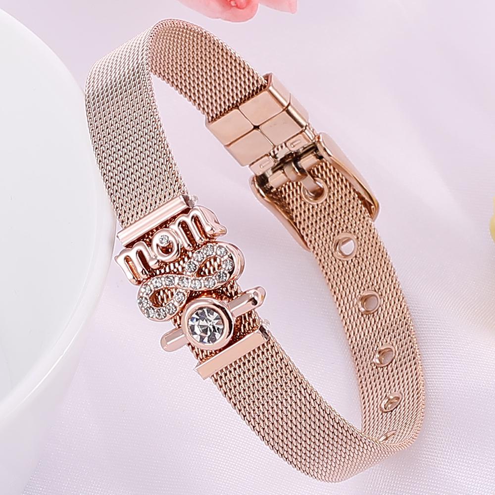 Buy Rose Gold Mesh Strap Double crystal Charm Bracelet Set Stainless ...